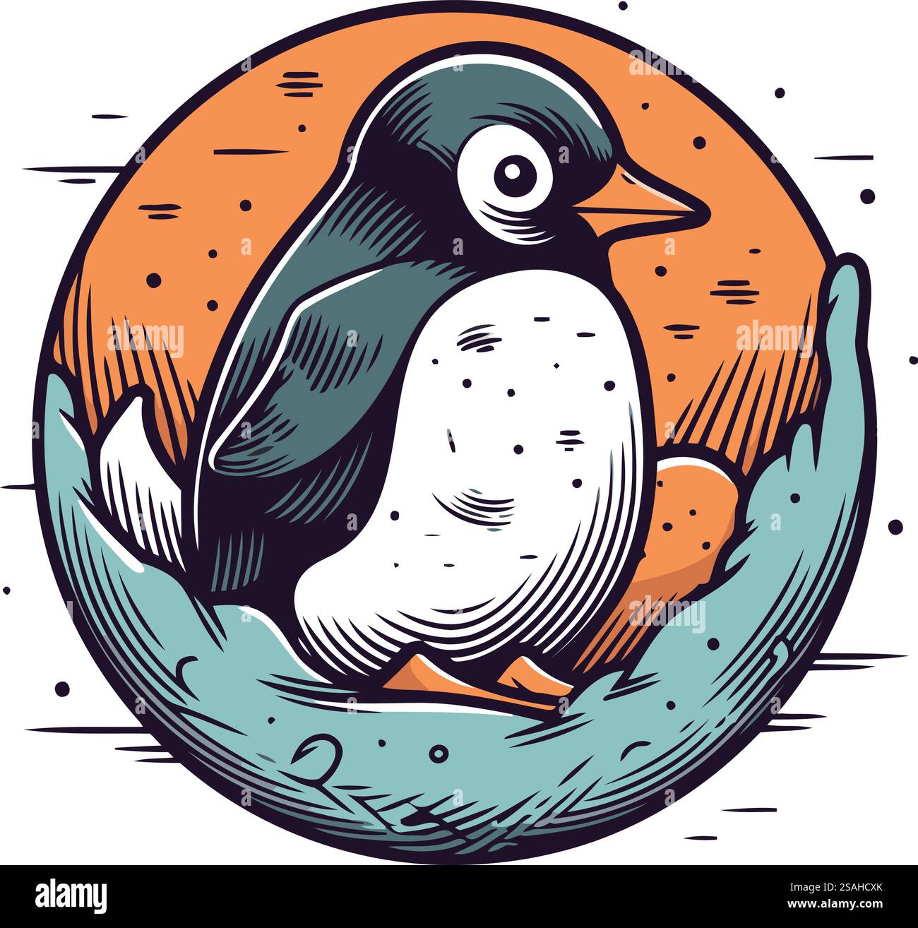Cute penguin sitting on the nest. Hand drawn vector illustration Stock ...