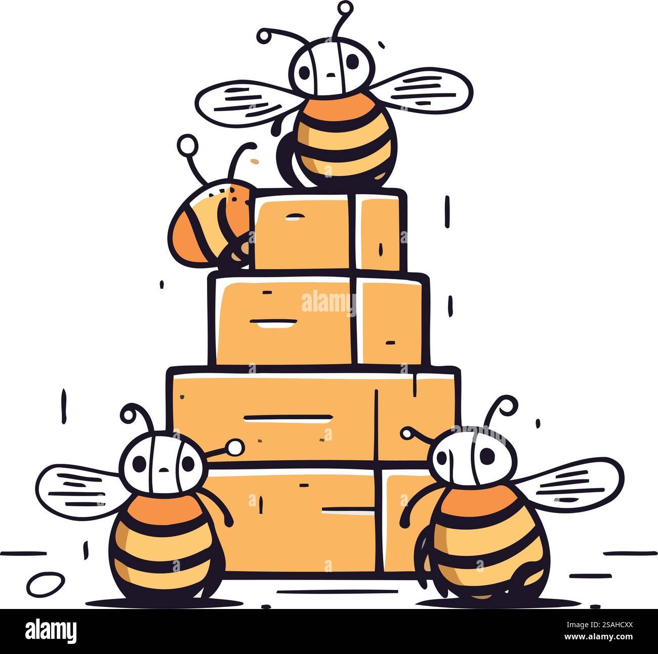Cartoon illustration of a group of bees building a tower of bricks ...