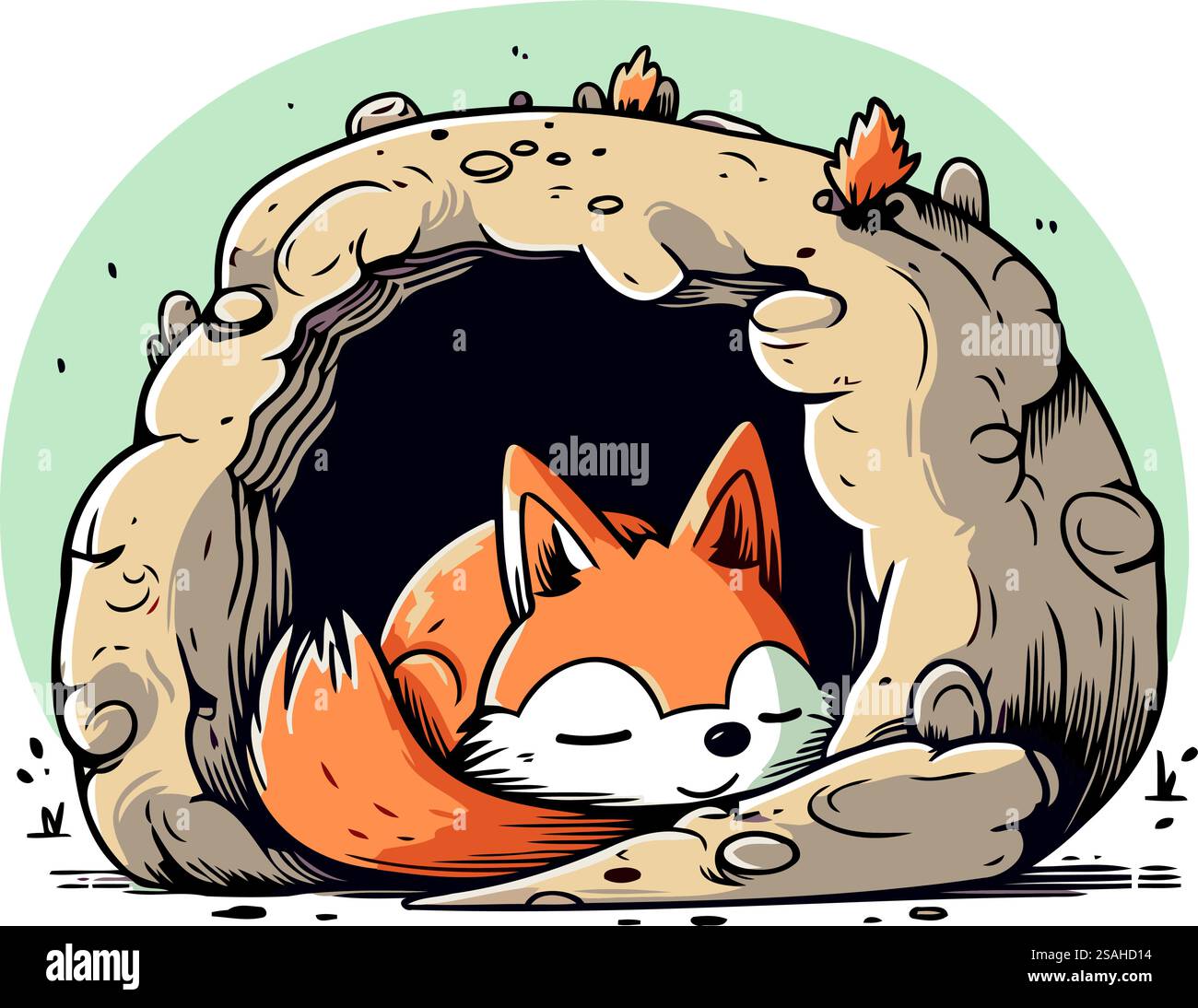 Cute fox sleeping in a cave. Vector illustration in cartoon style Stock ...