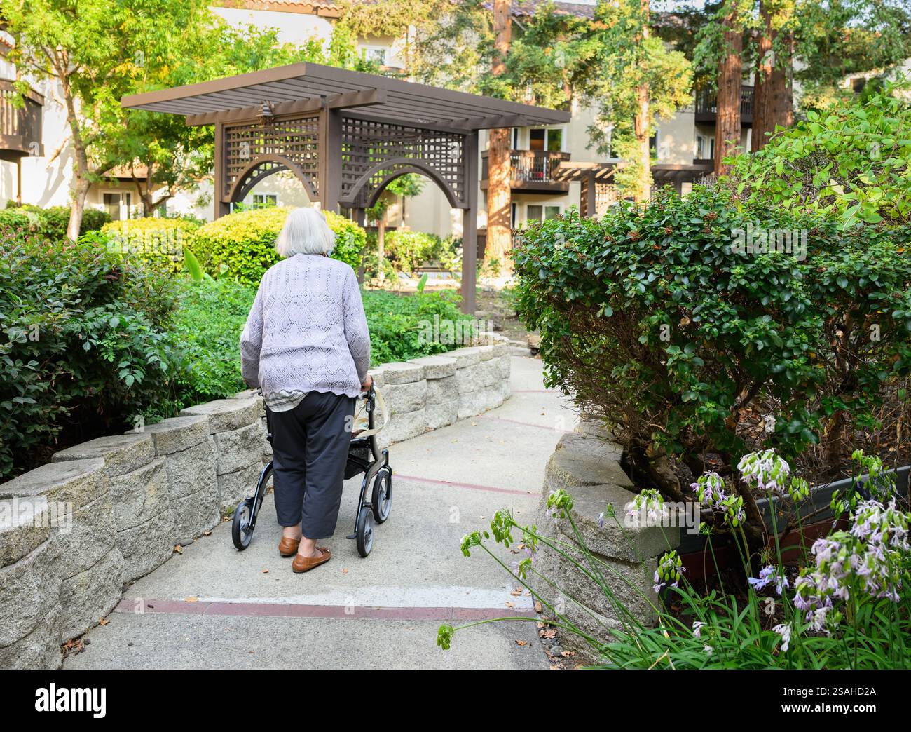 Elderly woman walking using a mobility walker in the retirement village ...