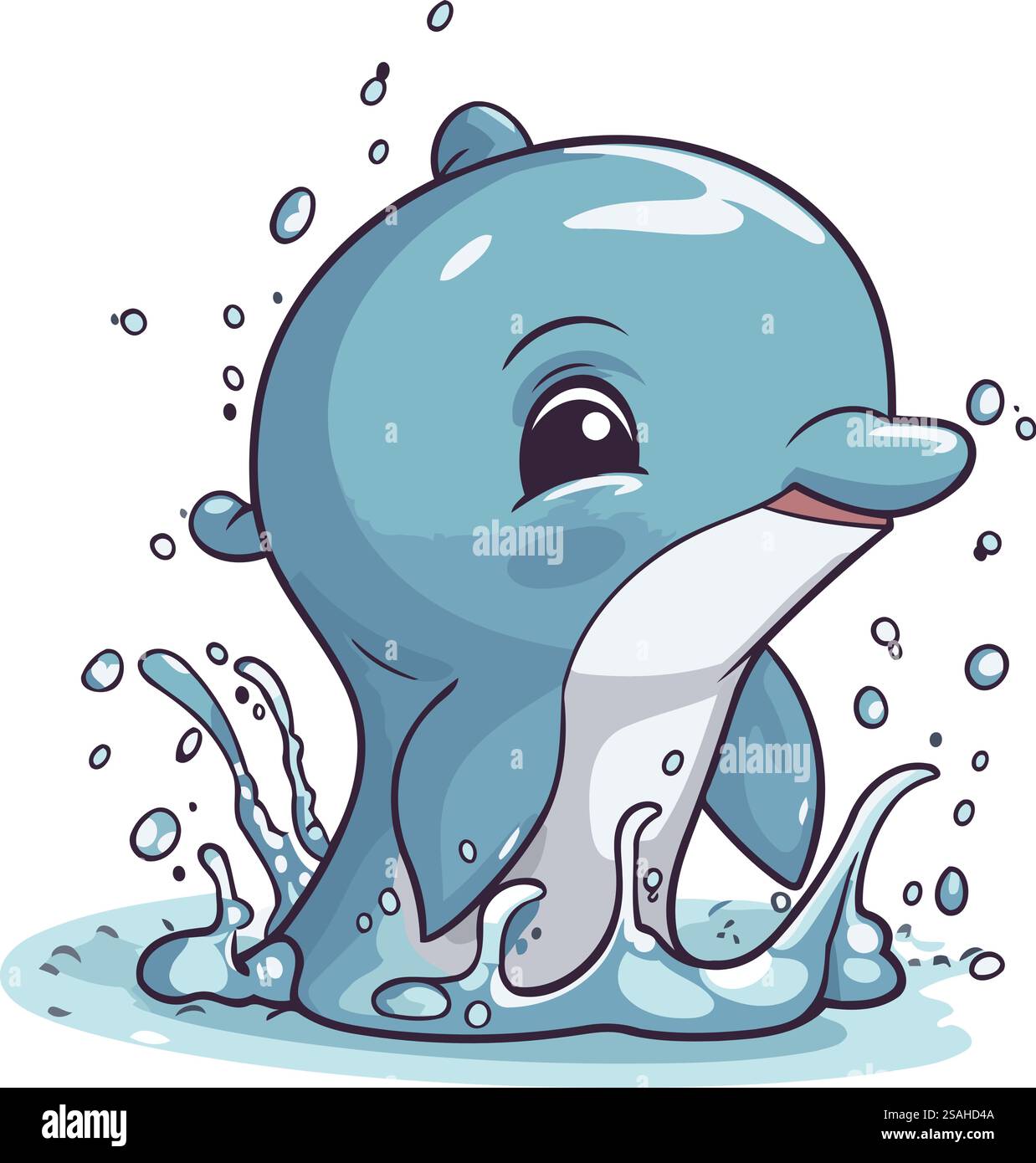 Illustration of a Cute Cartoon Dolphin in Water on a White Background ...