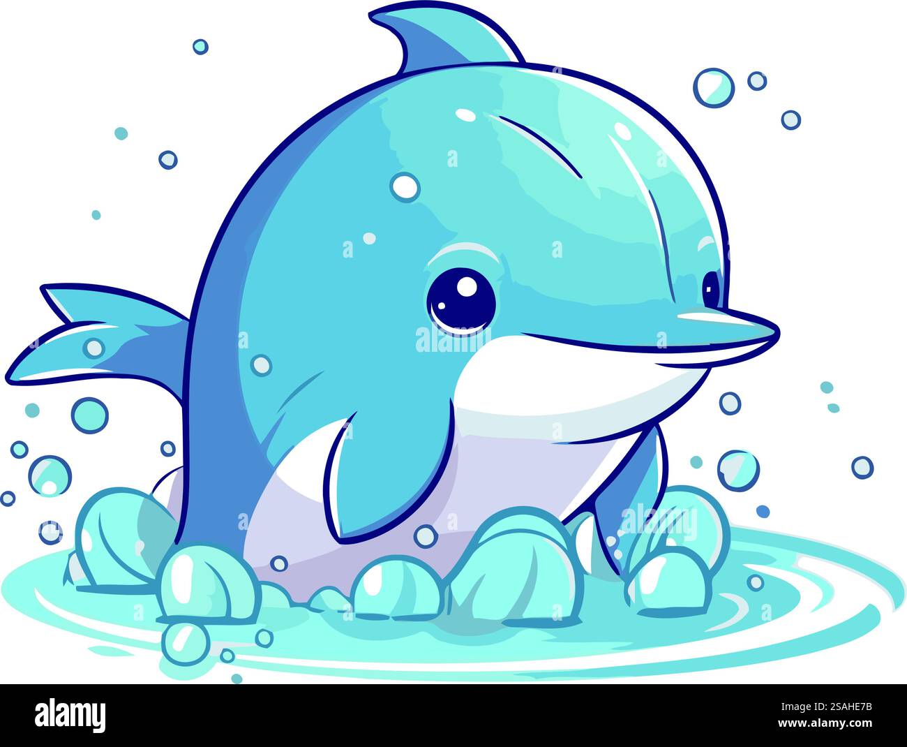 Cute cartoon dolphin swimming in water. Vector illustration on white ...