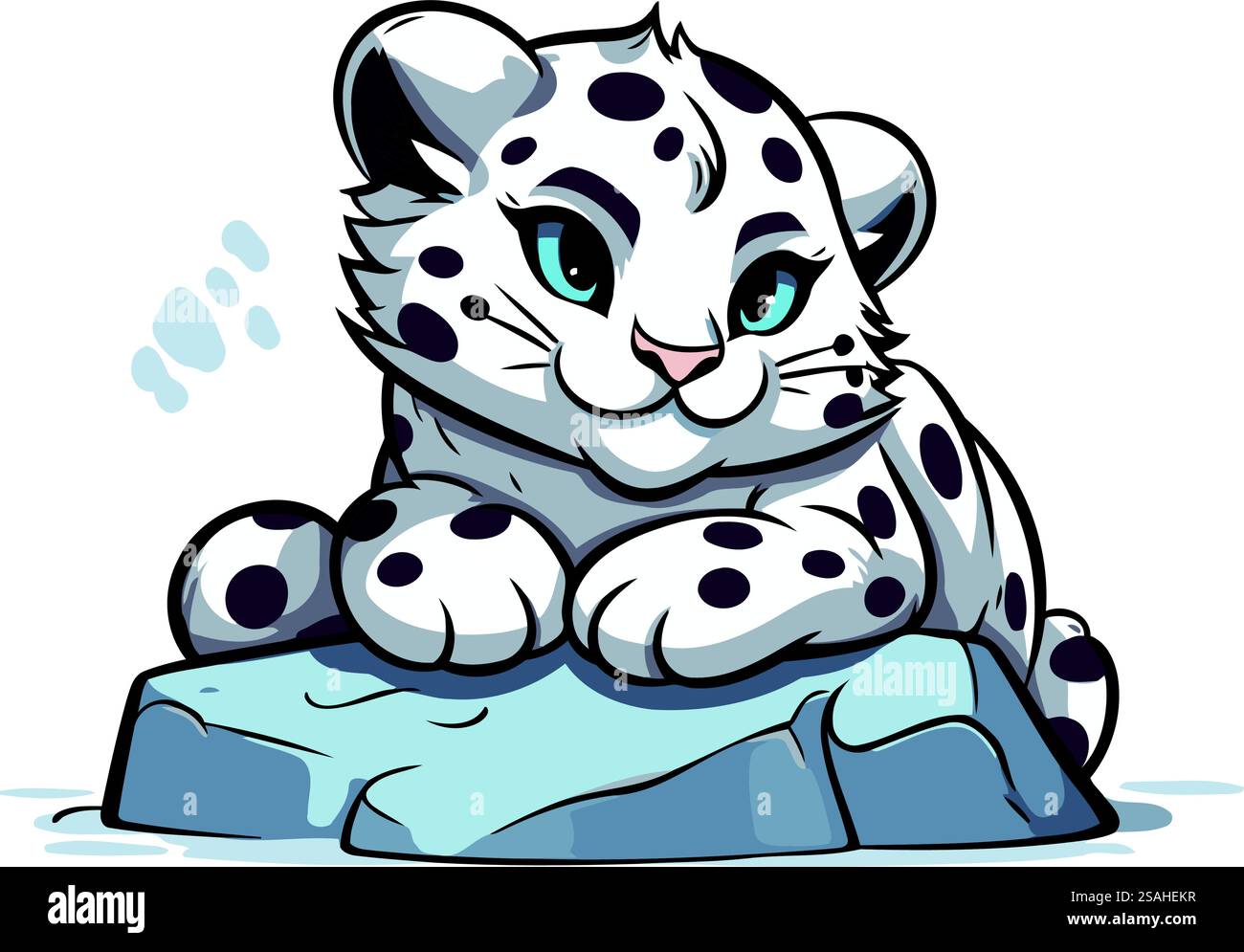 Cute cartoon snow leopard sitting on a rock. Vector illustration Stock ...