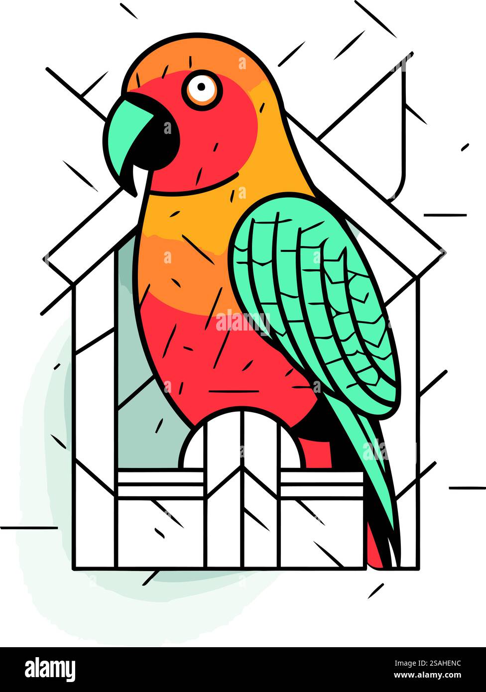 Parrot in a parrot house. Vector illustration on white background Stock ...