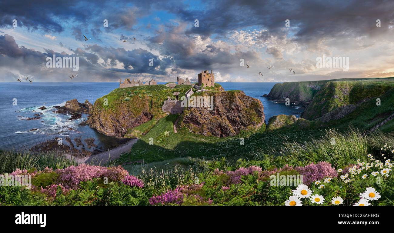 The picturesque medieval Dunnottar Castle ruins on the cliff top ...