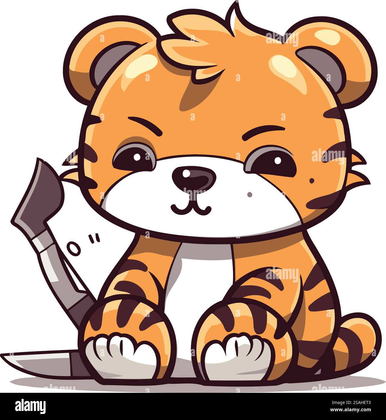 Cute tiger sitting with a knife and an ax. Vector illustration Stock ...