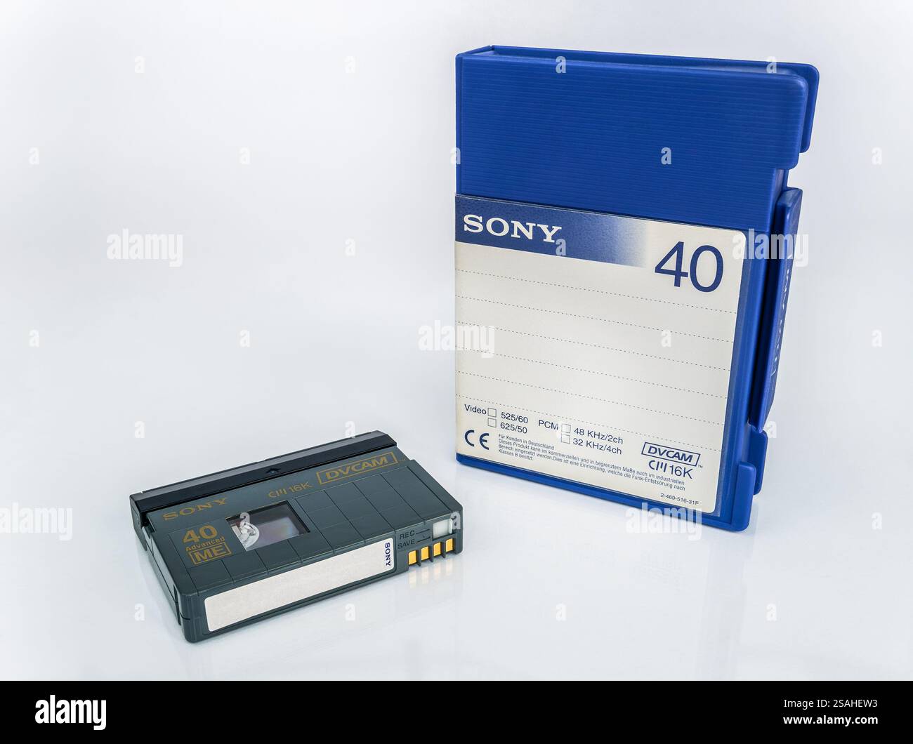 Digital video cassette DVCAM Sony PDVM-40ME Advanced 40 min with case lies isolated on white ...