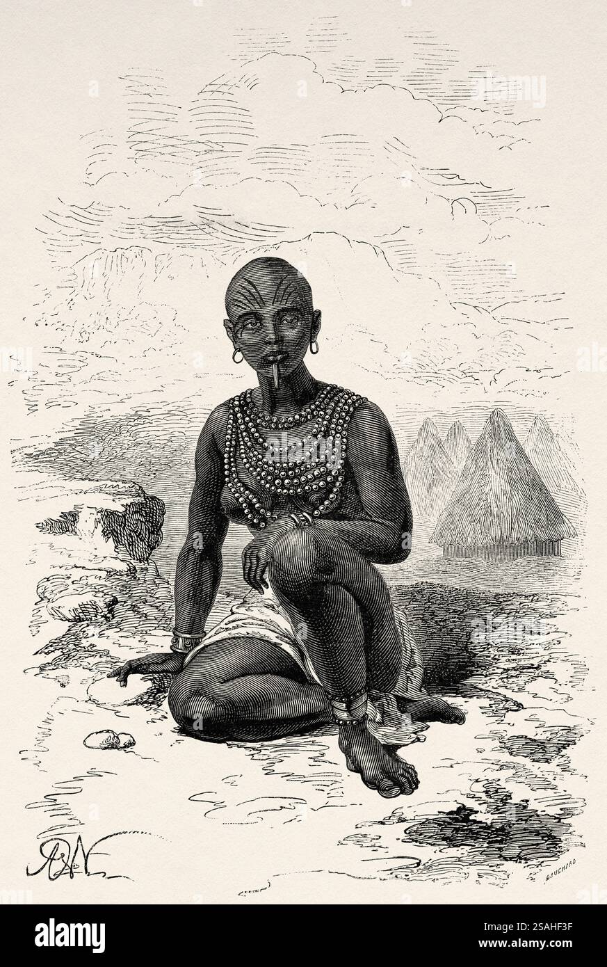 Bokke, wife of Moy, Latuka chief, South Sudan. East Africa. Drawing by ...