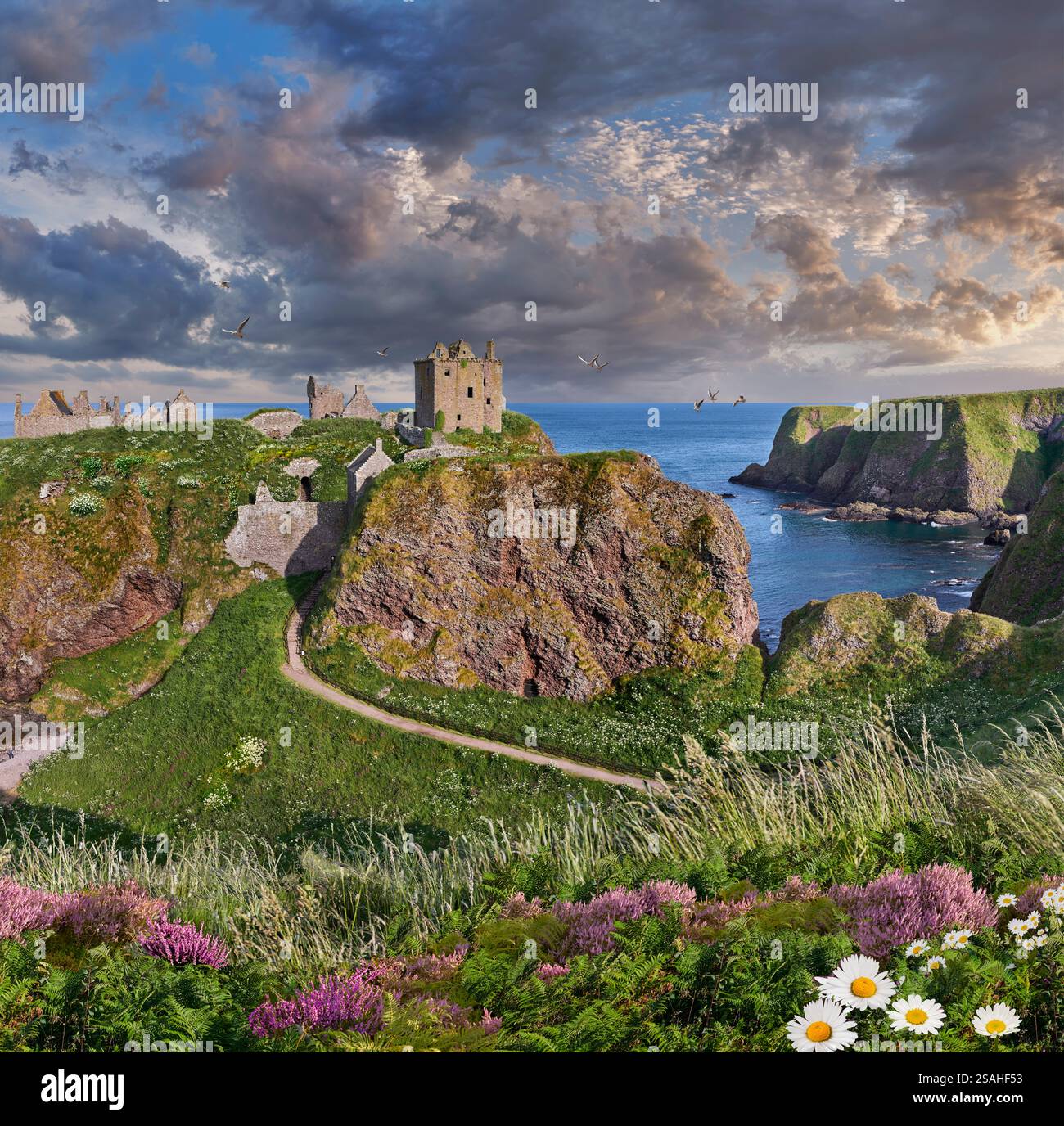 The picturesque medieval Dunnottar Castle ruins on the cliff top ...