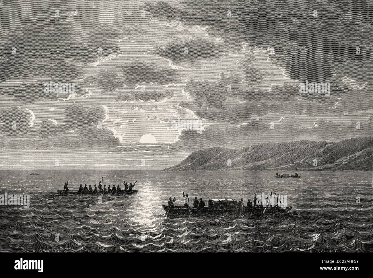 Indigenous canoes sailing on Lake Albert. Uganda. East Africa. Drawing ...