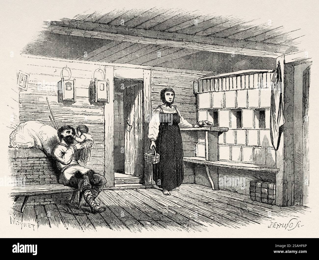 Interior of a Isba house, traditional Russian rural dwelling. Russia ...