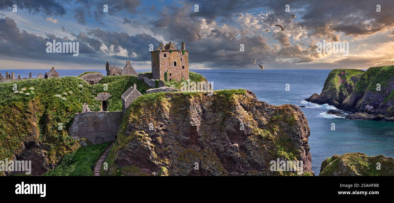 The picturesque medieval Dunnottar Castle ruins on the cliff top ...