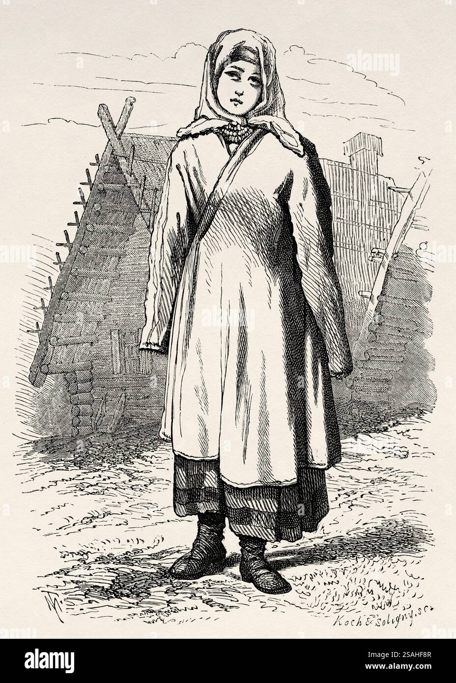 Young Russian girl in traditional clothes. Russia, drawing by Moynet ...