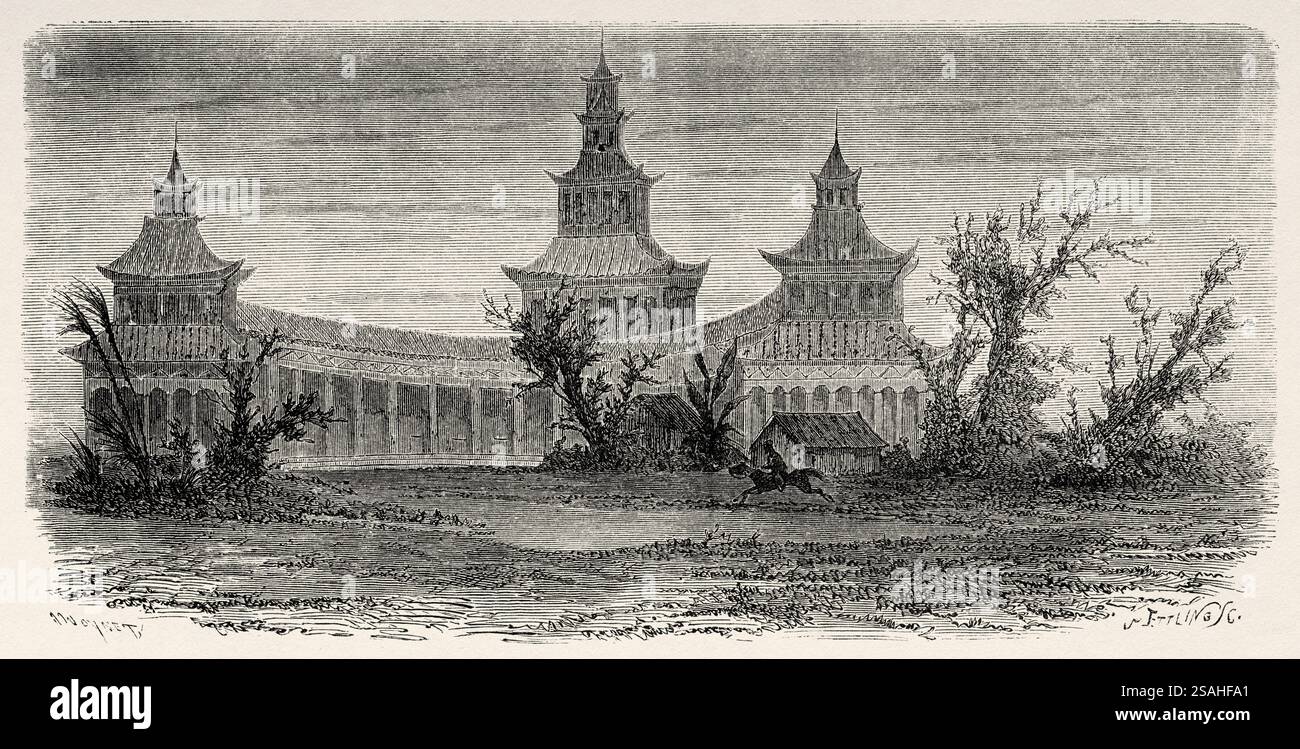 Pagoda or Lamaique temple, Volga steppes. Russia, drawing by Moynet ...