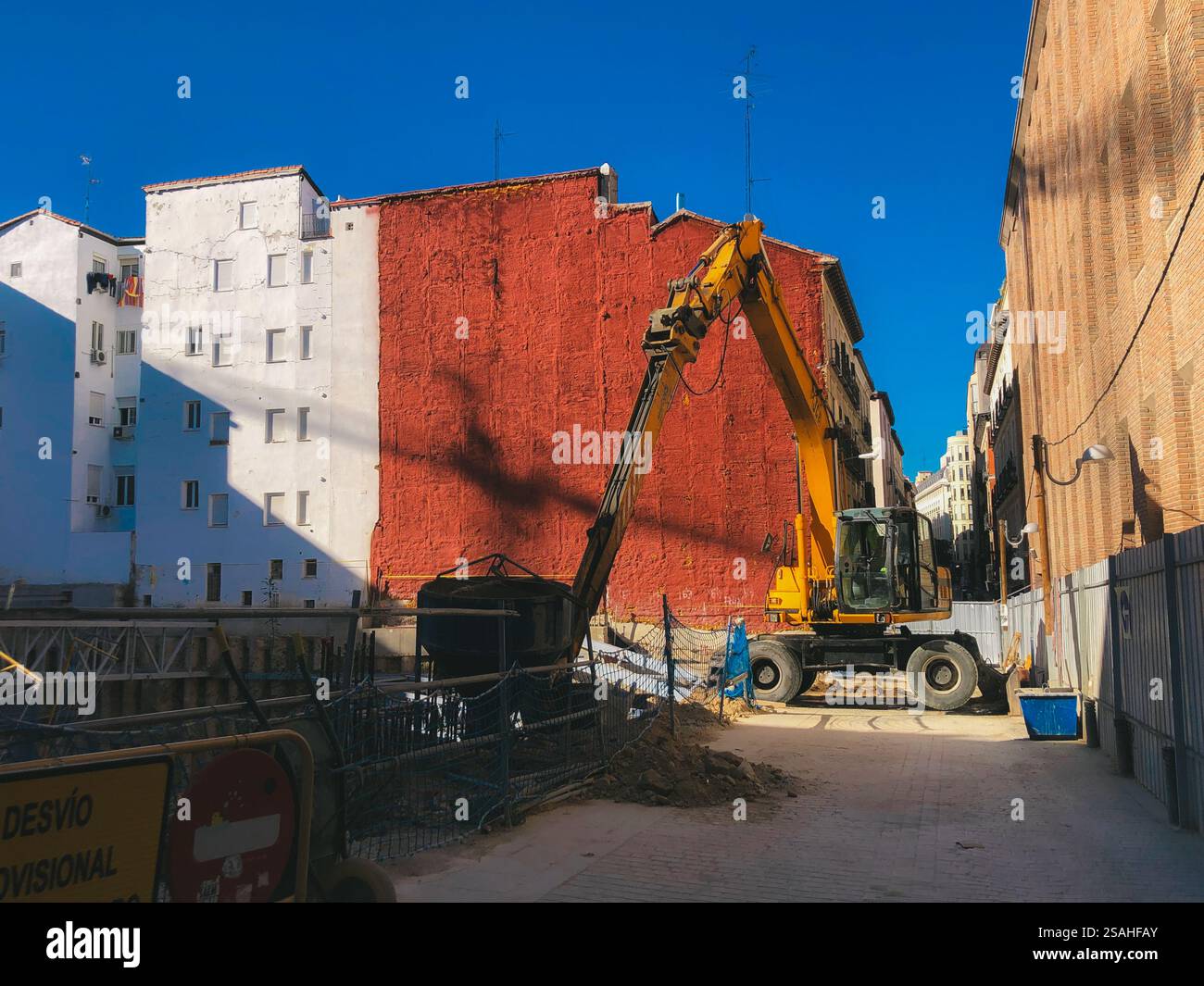 Madrid, Spain 1 May 2023 Demolition of building with excavator ...