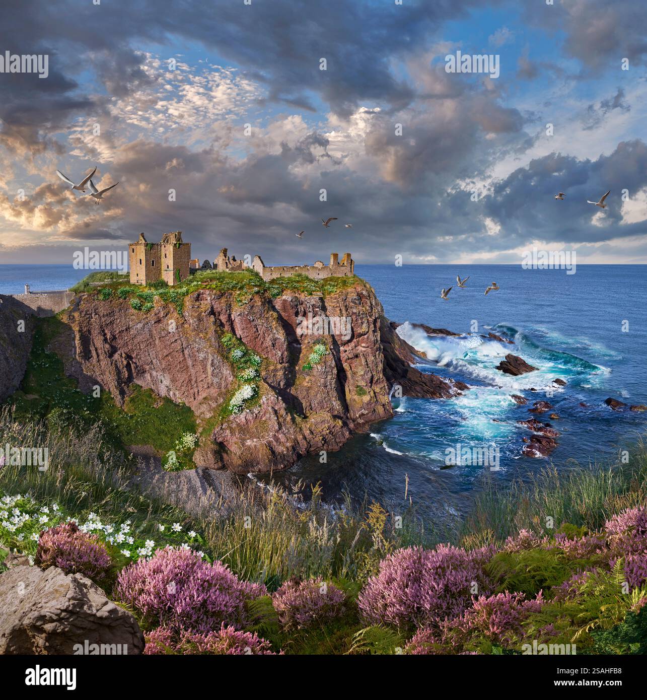 The picturesque medieval Dunnottar Castle ruins on the cliff top ...