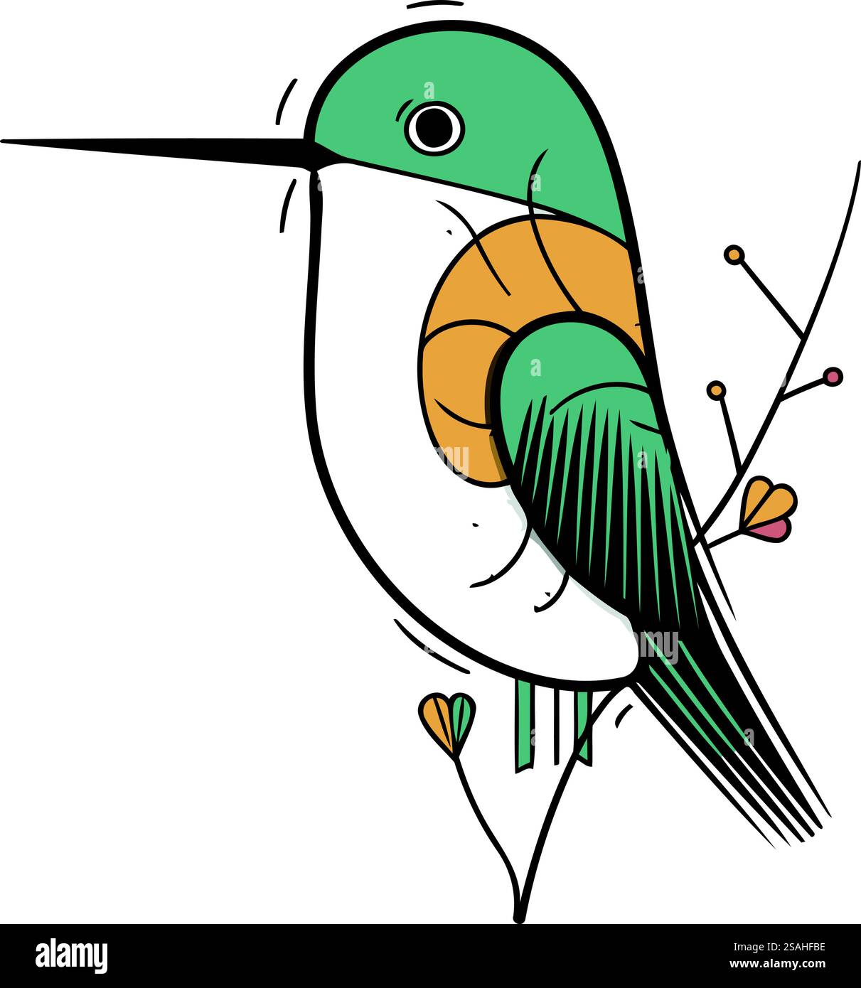 Cute cartoon hummingbird on a branch. Hand drawn vector illustration ...