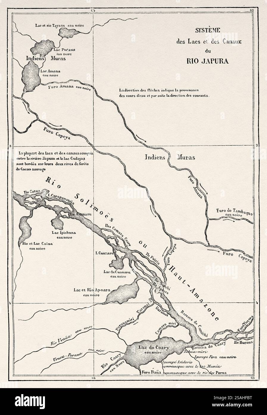 Old map of Japura river basin, Amazon state. Brazil. South America ...
