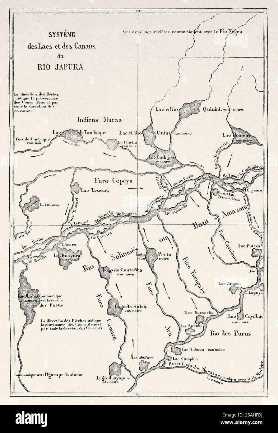 Old map of Japura river basin, Amazon state. Brazil. South America ...