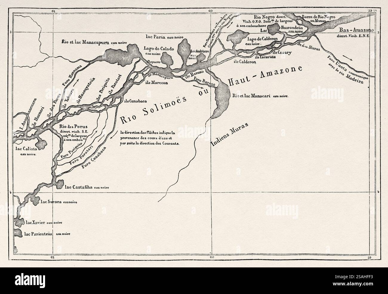 Old map of Rio Solimoes, Amazon state. Brazil. South America. Journey ...