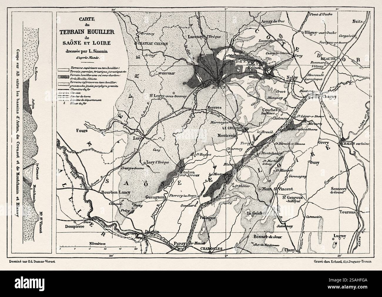 Old map of the Coal Basin in Saon-et-Loire, France. Europe. Le Creusot ...