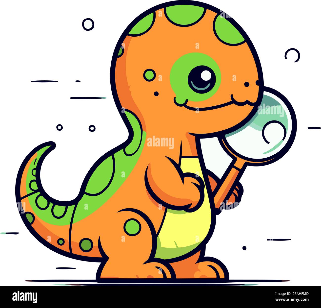Cute cartoon dinosaur holding a magnifying glass. Vector illustration ...