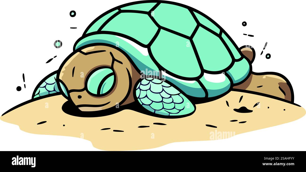 Cartoon turtle on the sand. Vector illustration in doodle style Stock ...