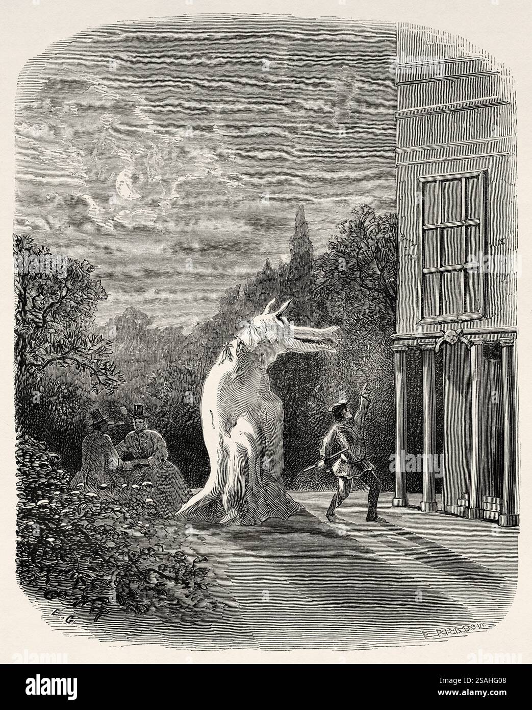 Mari Lwyd wassailing folk custom from Wales, drawing by Eugene ...