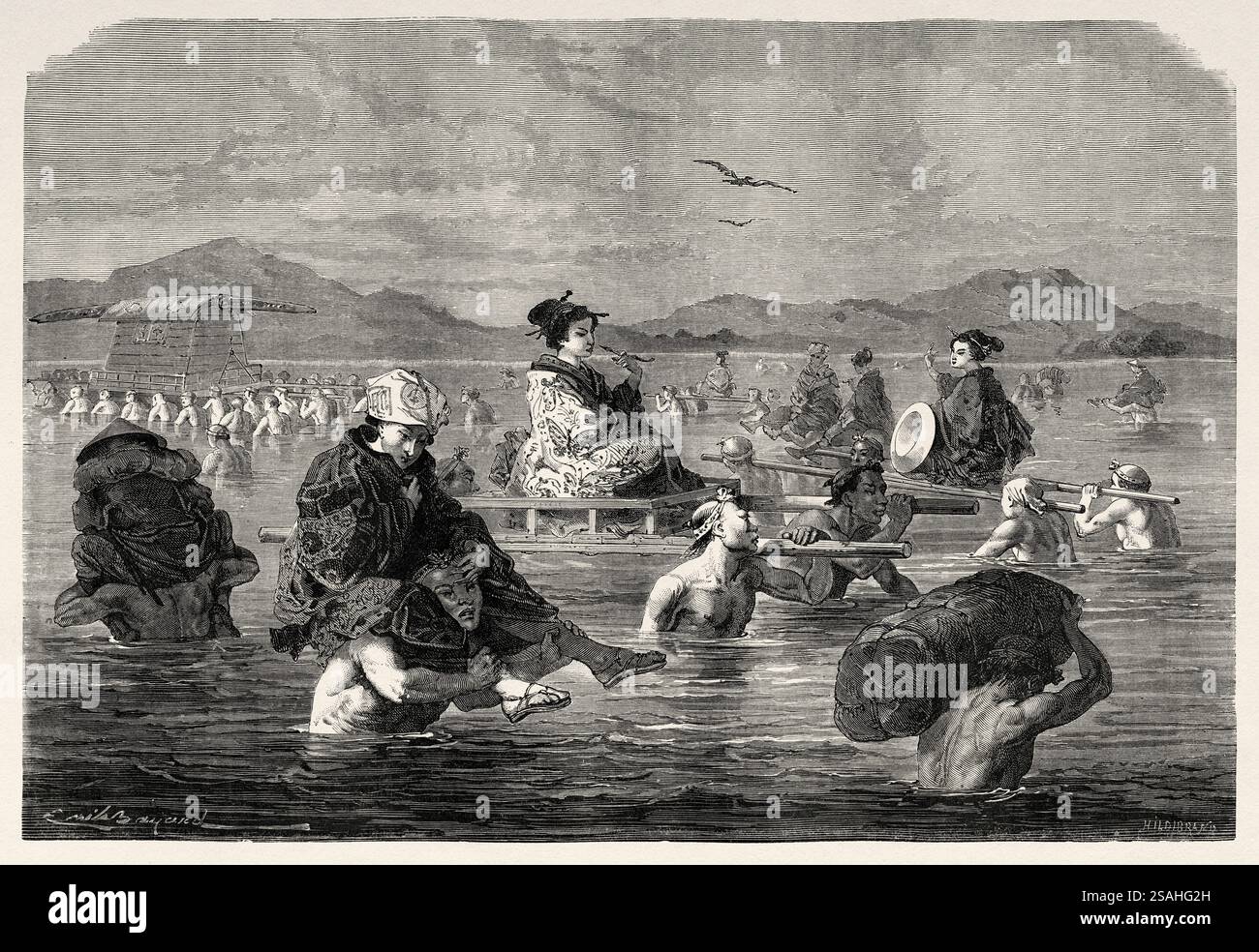 The passage of Sumida River, porters carrying passengers and luggage ...