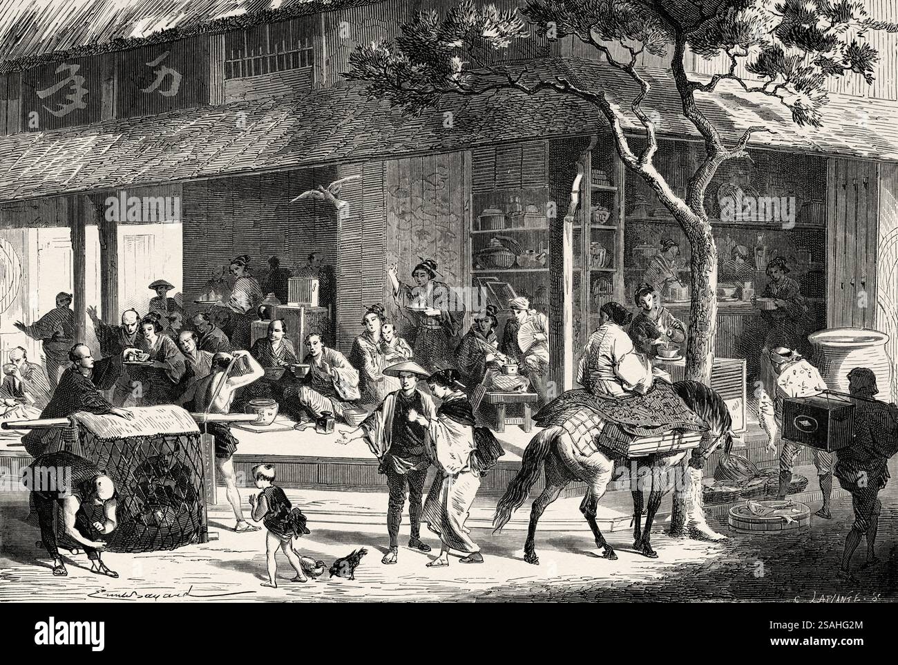 A tea house on an old street in Tokyo. Japan. Drawing by Emile Bayard ...