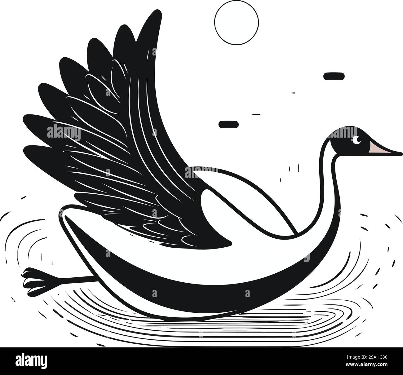 Black and white vector illustration of a flying goose on the water ...