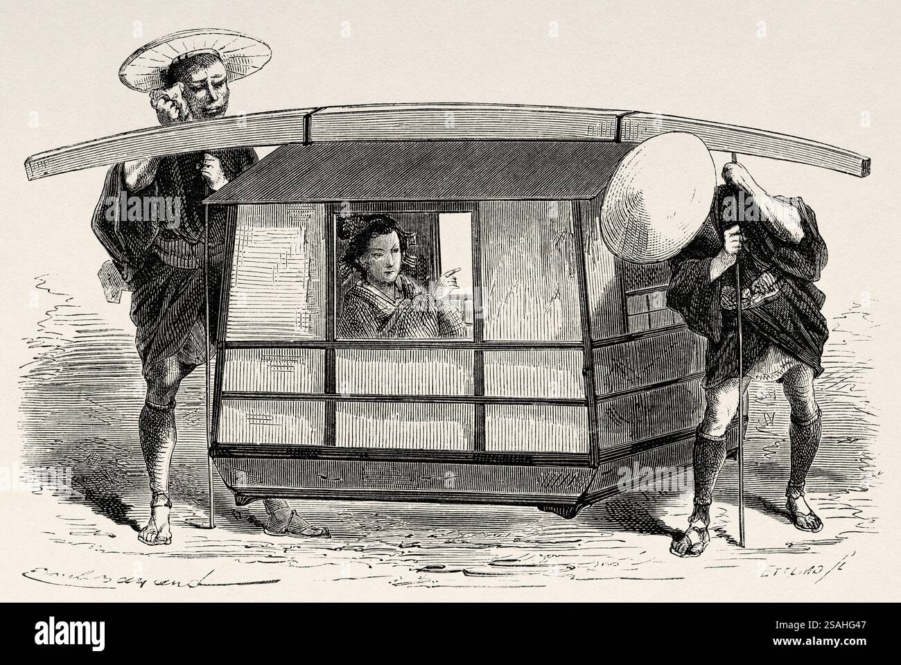 Norimon. Japanese covered litter and carriers, Japan. Drawing by Emile Bayard (1837-1891) Travel ...