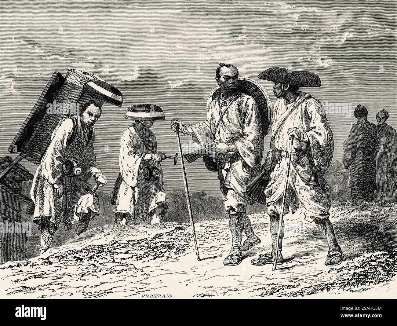 Burghers, street vendors and pilgrims in Tokyo. Japan. Drawing by ...