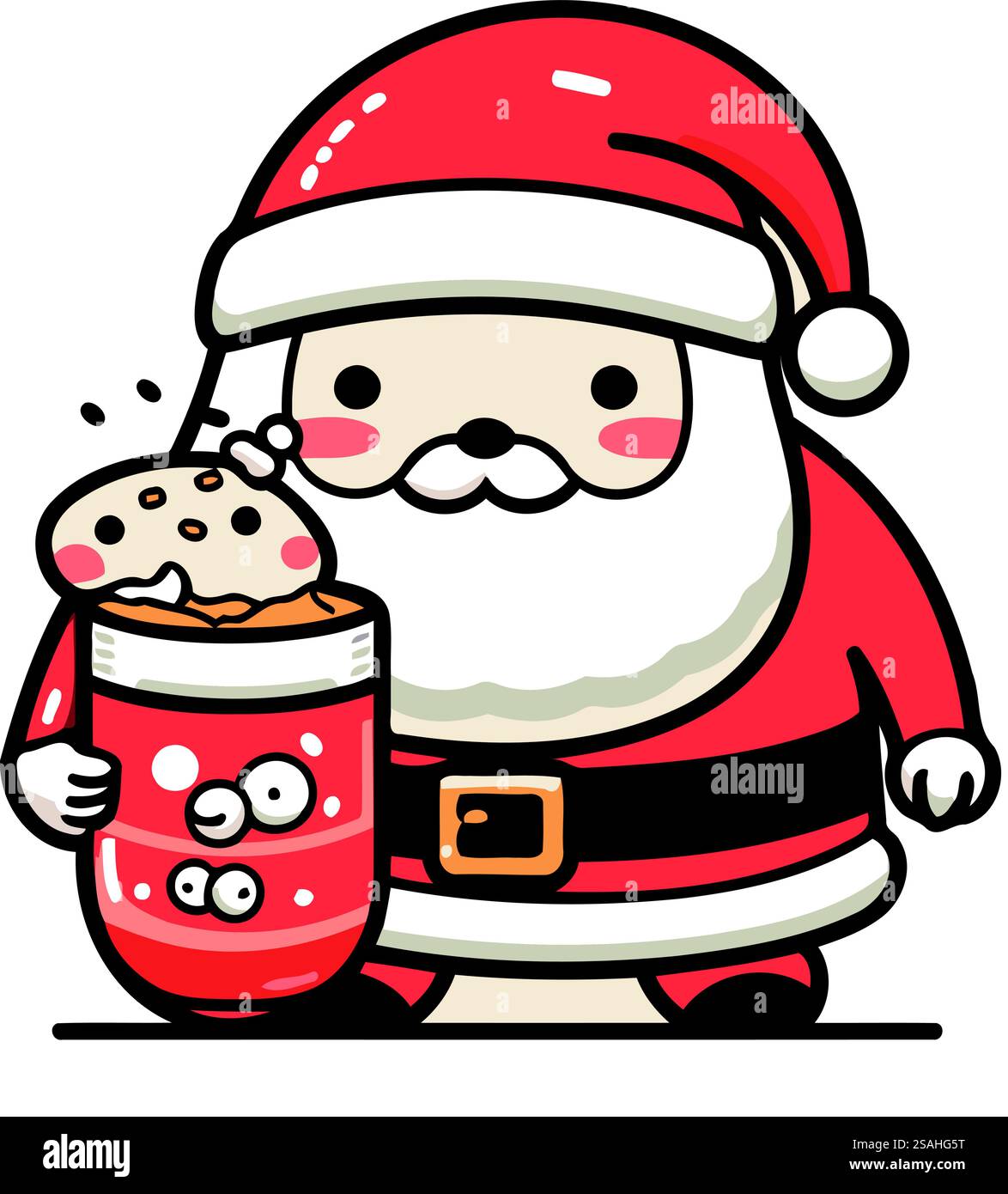 Santa Claus holding a cup of hot chocolate and cookies. Vector ...