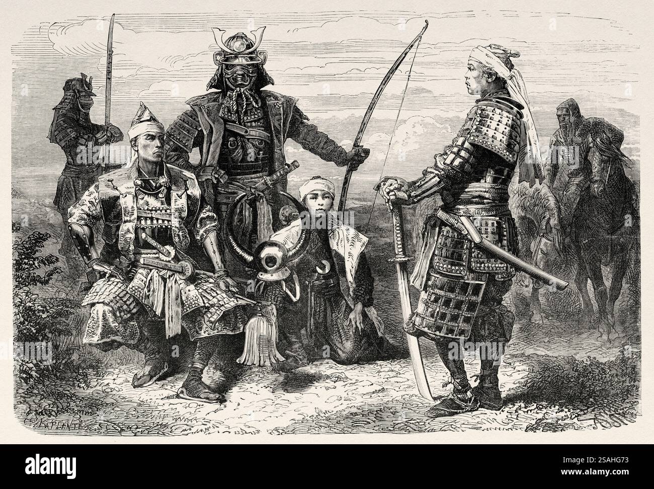 Samurai warriors. Japanese general, officers and page. Ancient war ...