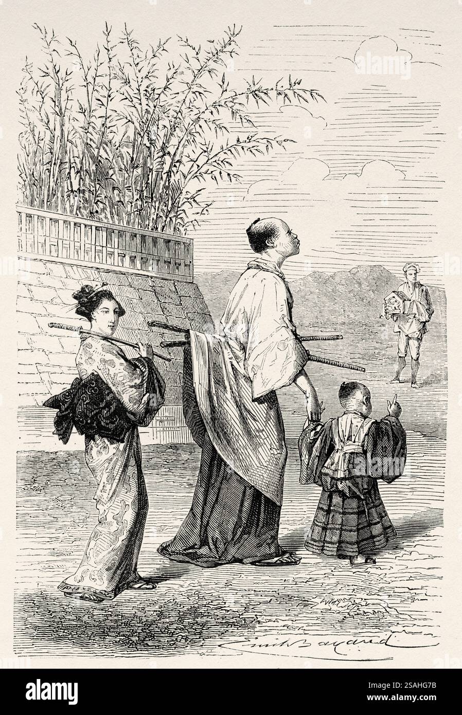 Samurai child, followed by his sister carrying the sword of the young ...