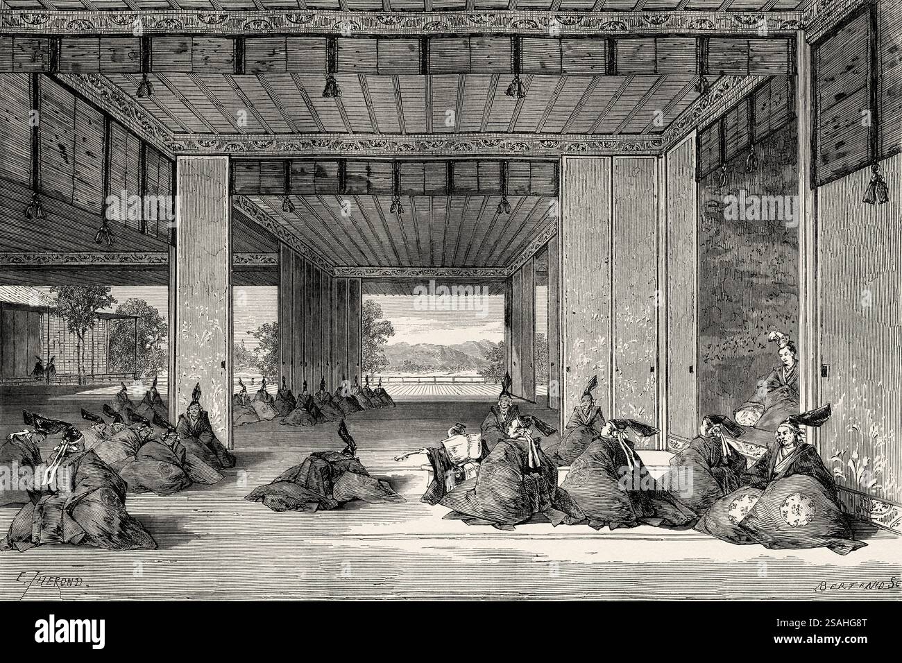 Assembly of daimios around the throne of Taikoun, Japan. Drawing by Emile Therond (182-1883 ...