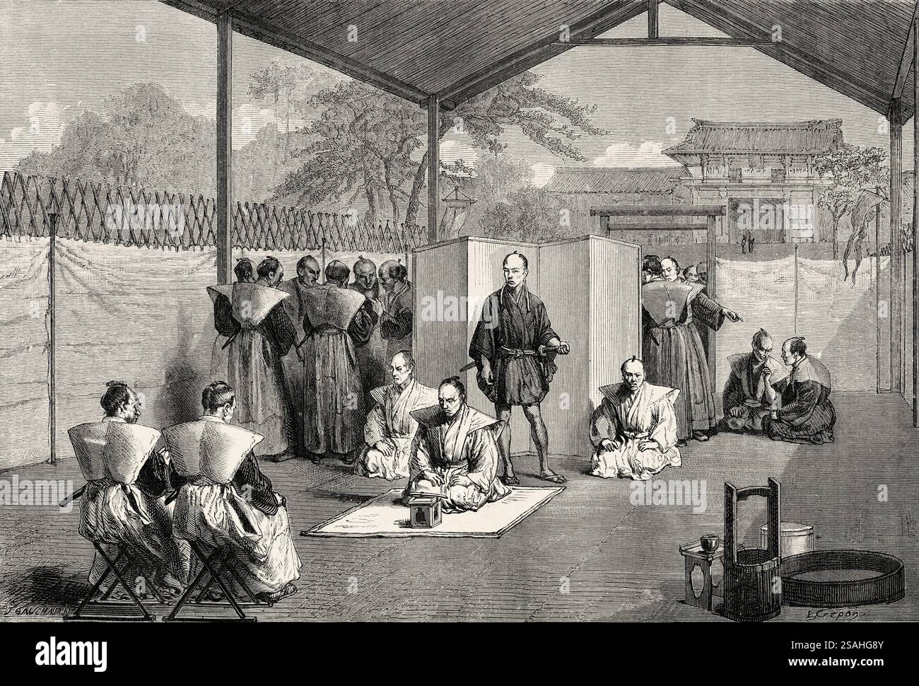 Hara kiri ritual, condemnation of a nobleman to suicide. Japan. Drawing by Crepon. Travel to ...