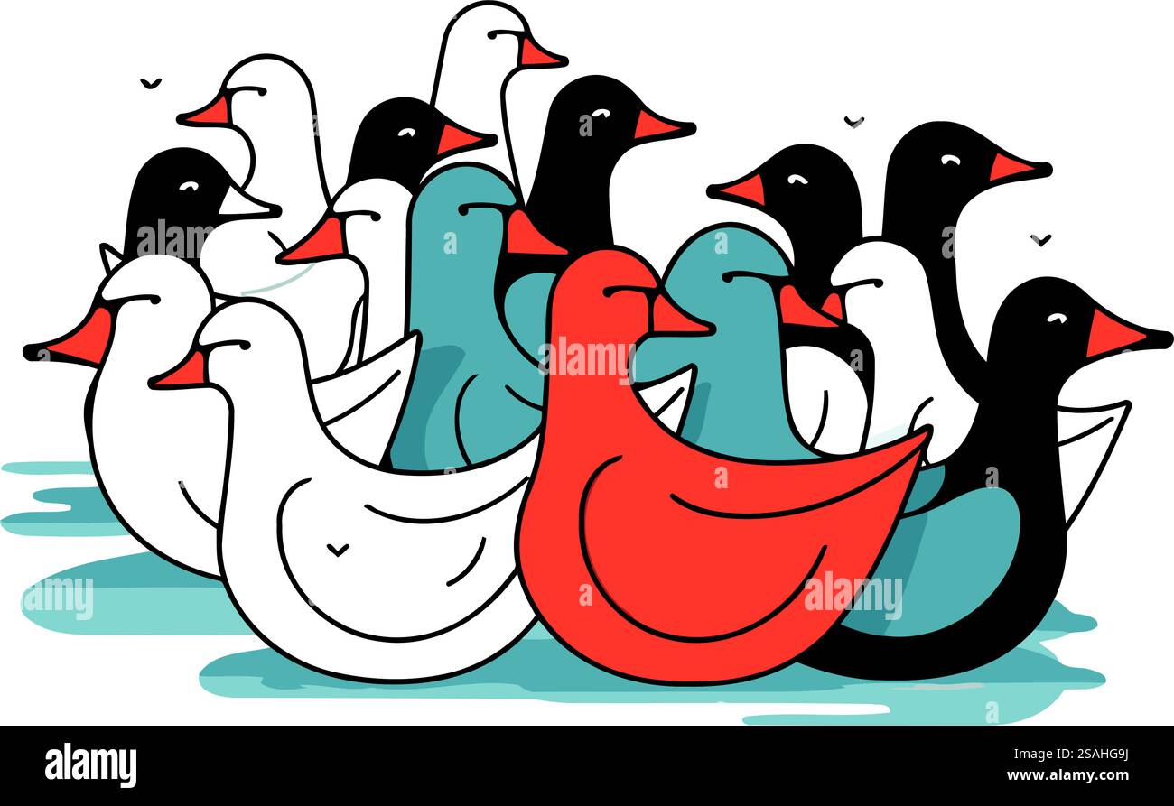 Flock of ducks on a white background. Vector illustration of a flock of ...