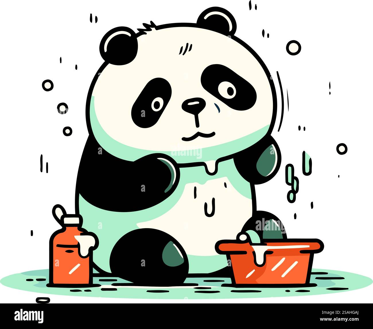 Panda with a bucket of water and soap. Vector illustration Stock Vector ...