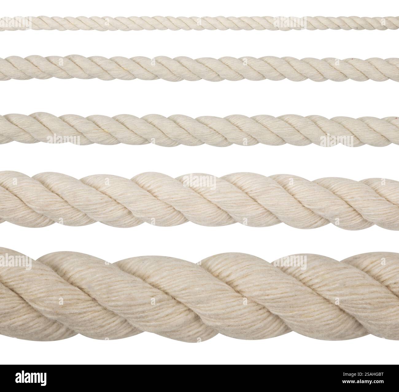 collection of various ropes on white background. each one is shot ...