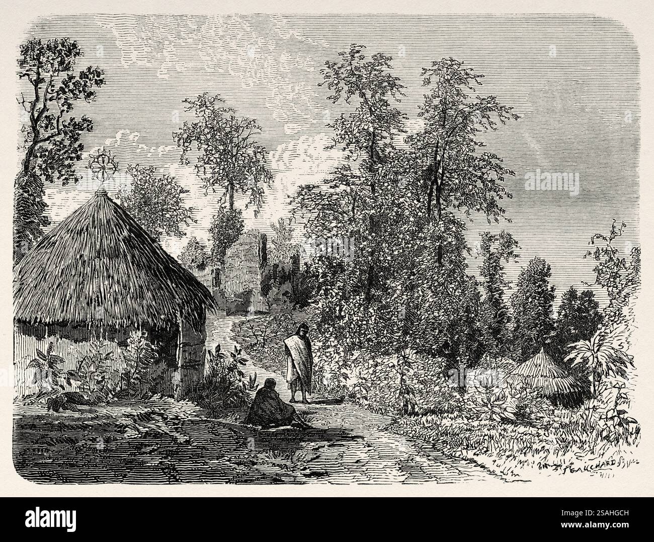 Heroe village at Gafat, Ethiopia. East Africa, drawing by Eugene Ciceri ...