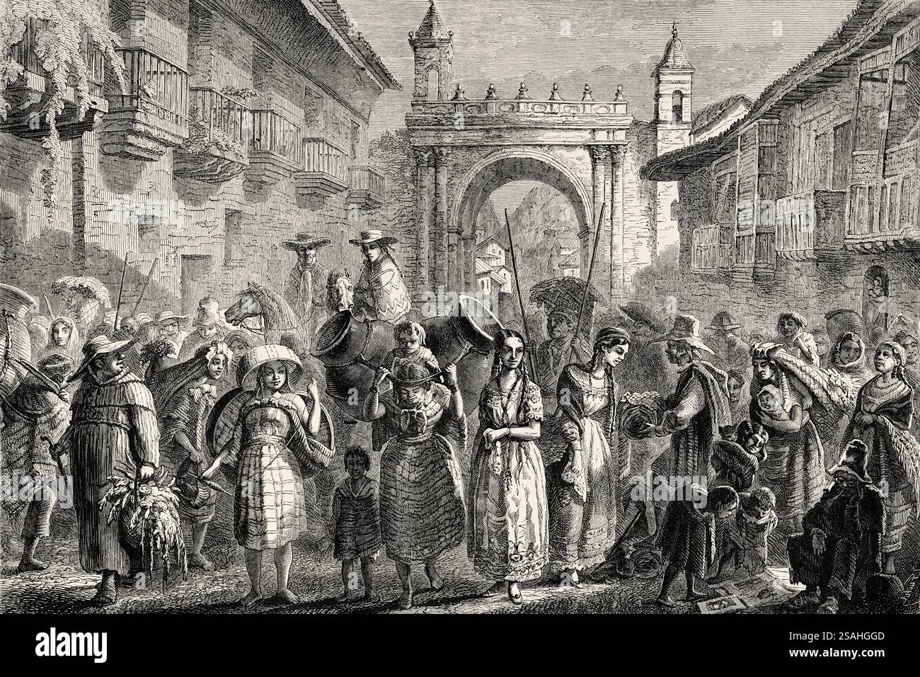 Urban life on a street in the city of Quito, Ecuador. South American ...