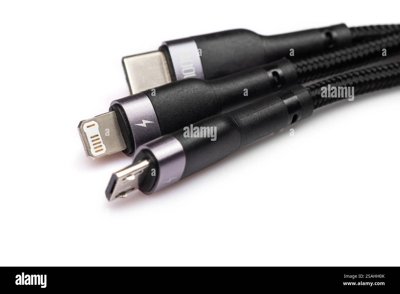 Three types of peripheral cables connectors for charging or data ...