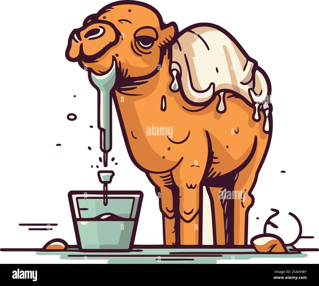 Camel drinking water from a tap. Vector illustration in cartoon style ...