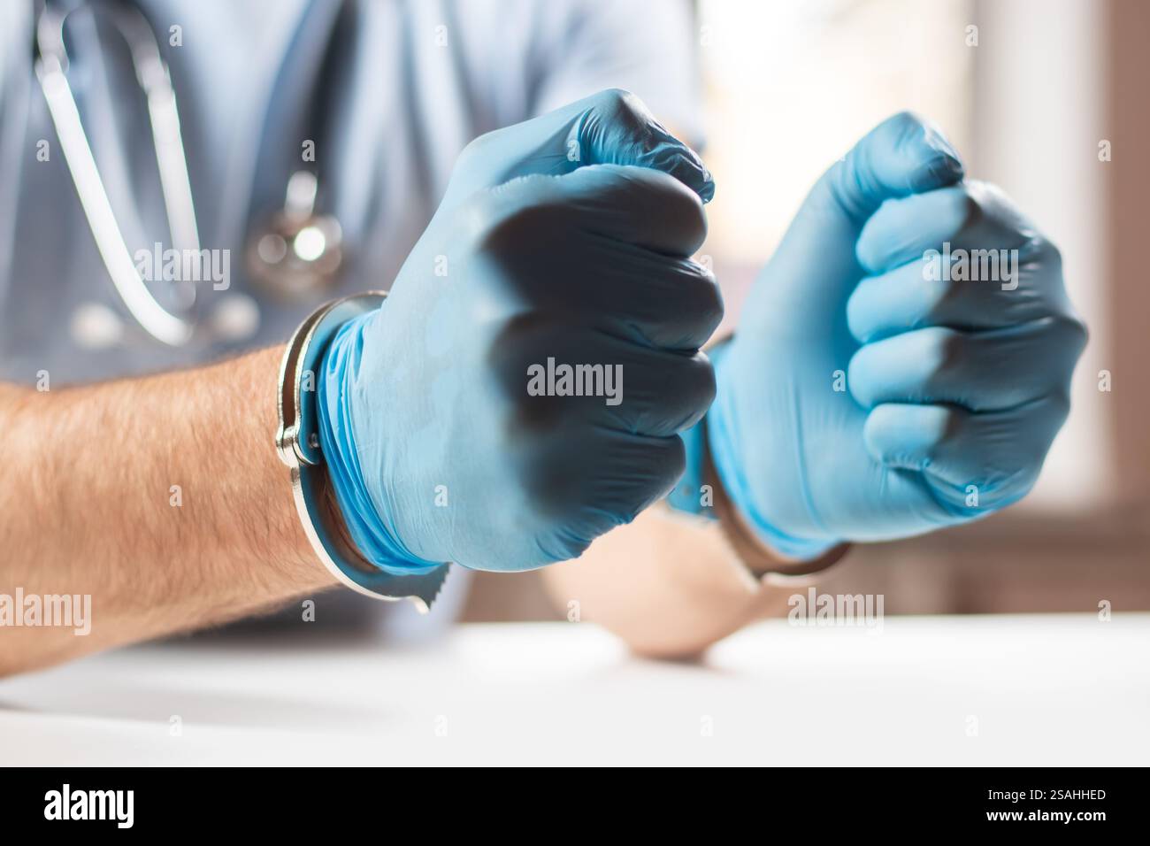 A medical officer, doctor, or quack in a blue medical uniform in ...