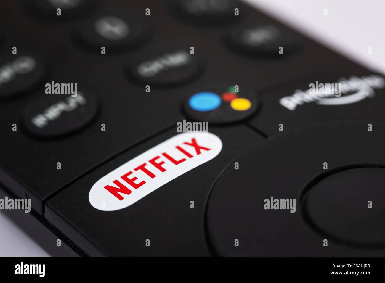 Dnipro, Ukraine 06 jan, 2023: Remote controler with Netflix and Google play buttons Stock Photo ...