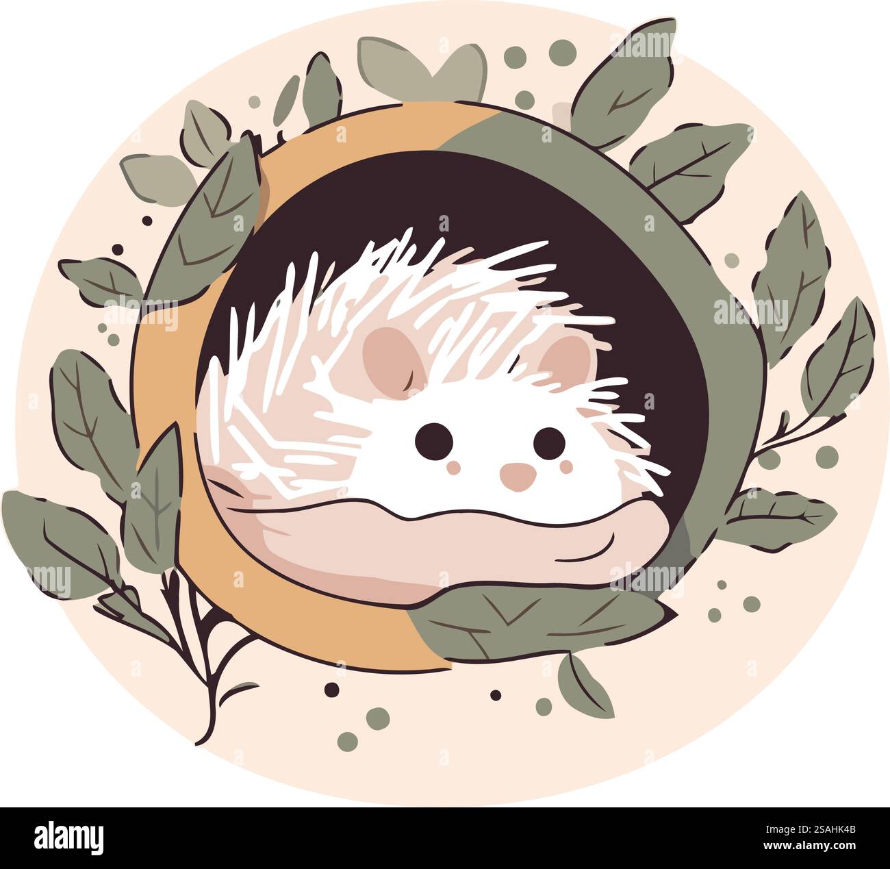 Cute hedgehog in a round frame with leaves. Vector illustration Stock ...