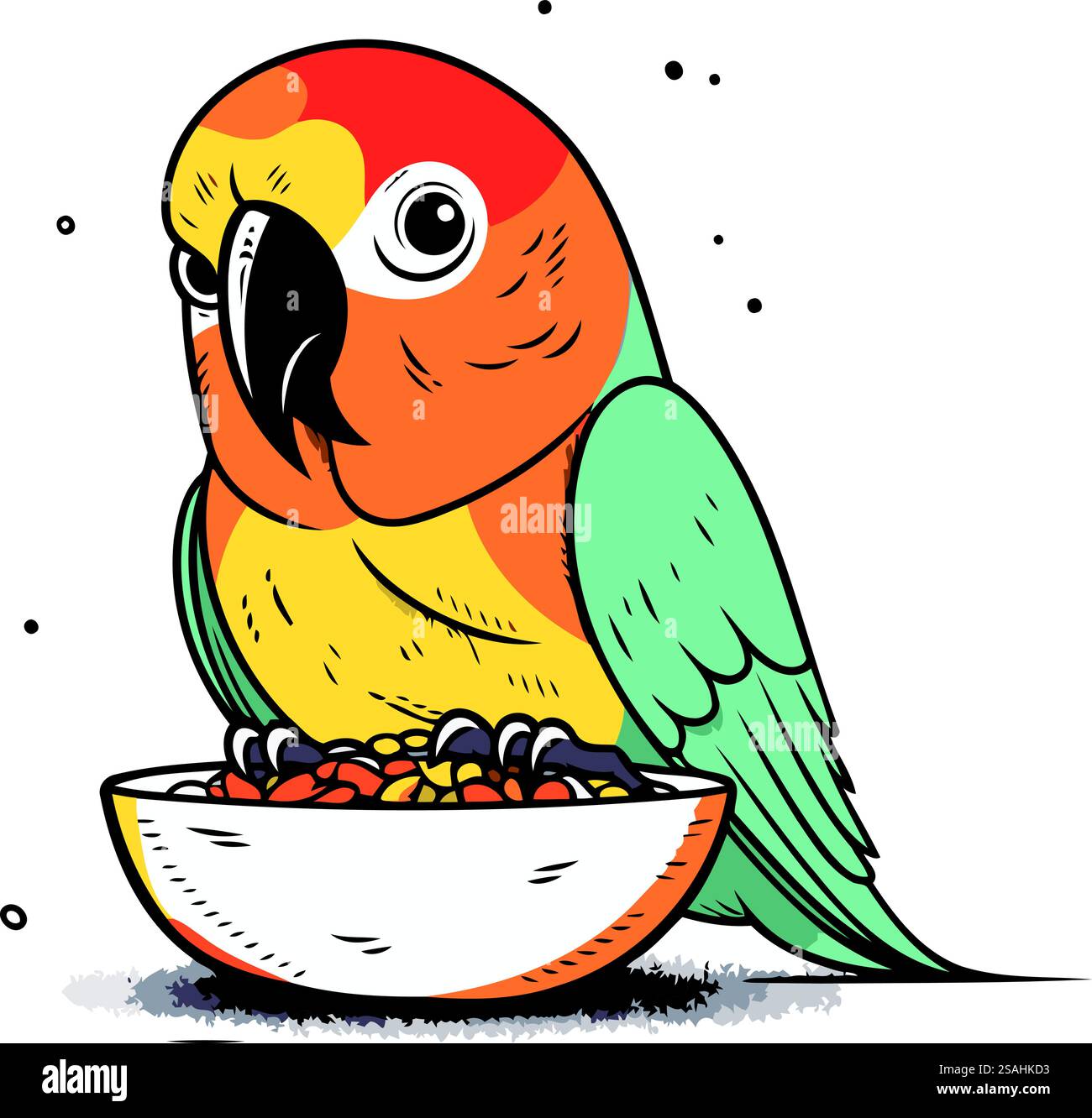 Parrot eating food from a bowl. Vector illustration in cartoon style ...