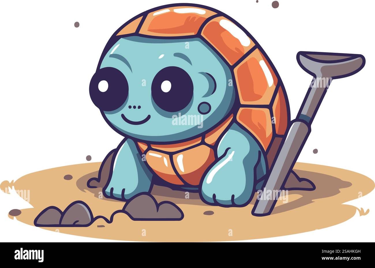 Cute cartoon turtle digging a hole. Vector illustration isolated on ...